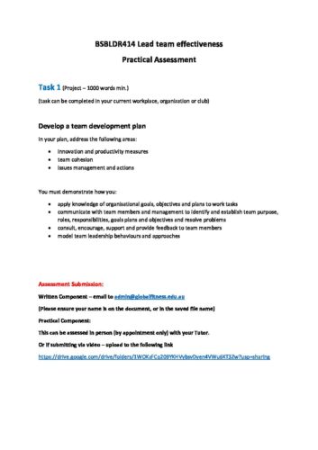 BSBLDR414 Lead team effectiveness_ Prac Assessment – Global Fitness Institute