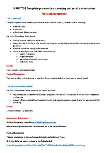 SISFFIT032 Complete pre-exercise screening and service orientation ...