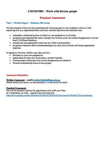 CHCDIV001 - Work with diverse people_Prac Assessment – Global Fitness Institute